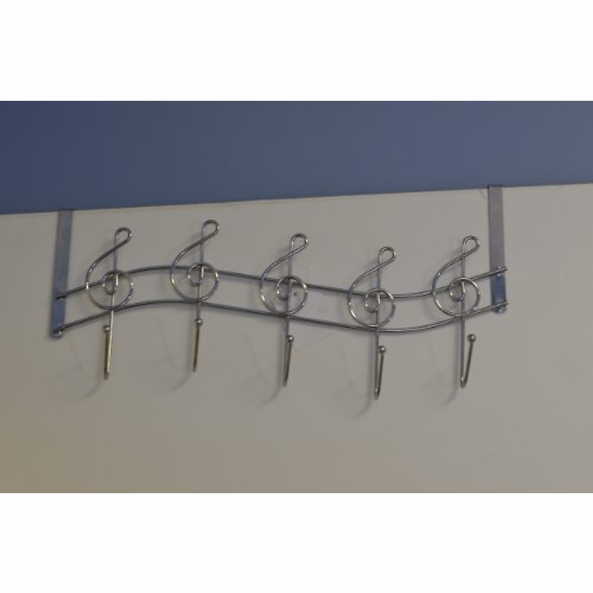 Southern Homewares Music Note Treble Clef Shape Over The Door Metal Rack, 5 Hanger Hooks Chrome Plated