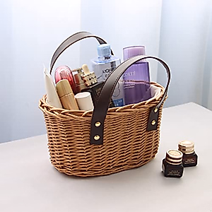 Wicker Picnic Basket with Double Leather Handles, Natural Willow Hamper for Easter Eggs Candy Wine Toy Flower Wedding Gifts