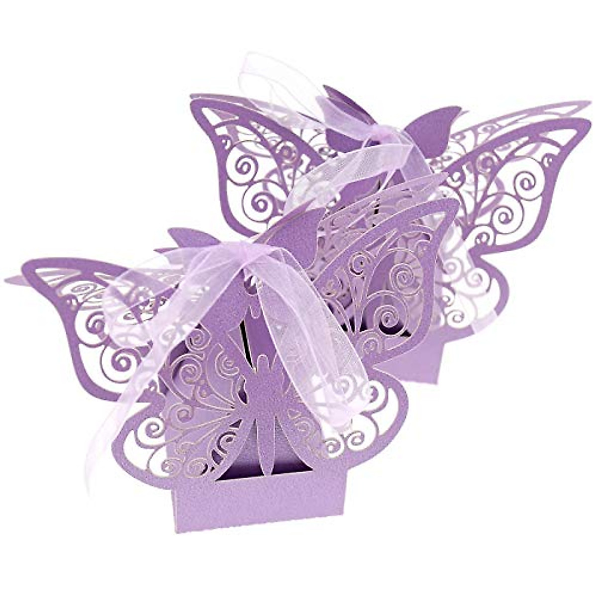 Auto-plaza 50 Pieces Butterfly Laser Cut Favor Boxes DIY Wedding Birthday Gift Candy Boxes with Ribbons (Purple)