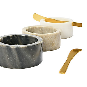 Creative Co-Op Marble Set Pinch Pot Bowls for Salt, Pepper, and Seasoning with 3 Metal Knives