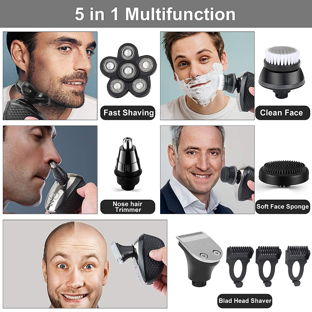 Bud K Electric Razor for Men, 5-in-1 Head Shavers for Bald Men, Wet & Dry, Rechargeable, Black