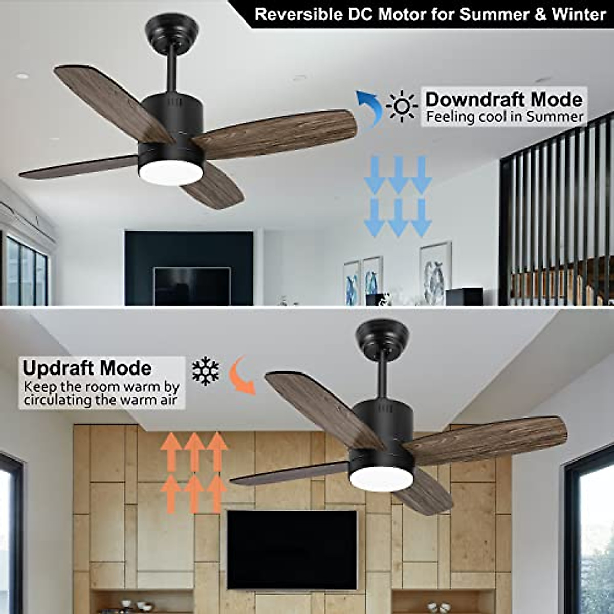 Ohniyou 38'' Ceiling Fan with Lights Remote Control - Small Outdoor Ceiling Fans with Light for Patio APP Control - Dimmable Quiet DC Ceiling Fan for Sunroom Screen Porch Living Room Bedroom(Black)