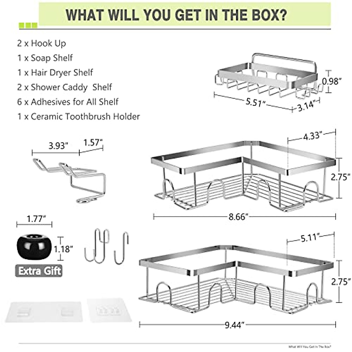 JOFUNBEAU Corner Shower Shelf for Inside Shower,3-Pack Adhesive Shower Organizer with Soap Holder&2 Hooks&Hairdryer Shelf,Rustproof Shower Caddy Shelves Rack for Bathroom Kitchen Storage(Chrome)