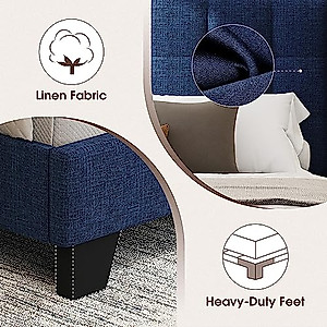 WEEWAY Queen Size Wingback Upholstered Platform Bed Frame with Box-Tufted Stitched Headboard and Wooden Slats/No Box Spring Needed/Easy Assembly, Dark Blue