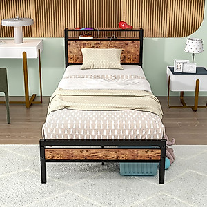 HOJINLINERO Twin Bed Frame with Storage Headboard/USB Charging Station,Single Platform Bed Frame Twin Size No Box Spring Needed,Strong Steel Slats Support,Bedroom Furniture,Rustic Brown