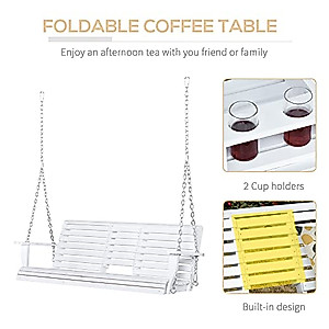 Outsunny 3-Seater Wooden Porch Swing, Patio Swing Bench with Folding Coffee Table, Cup Holders and Chains Included, 440lbs Weight Capacity, White