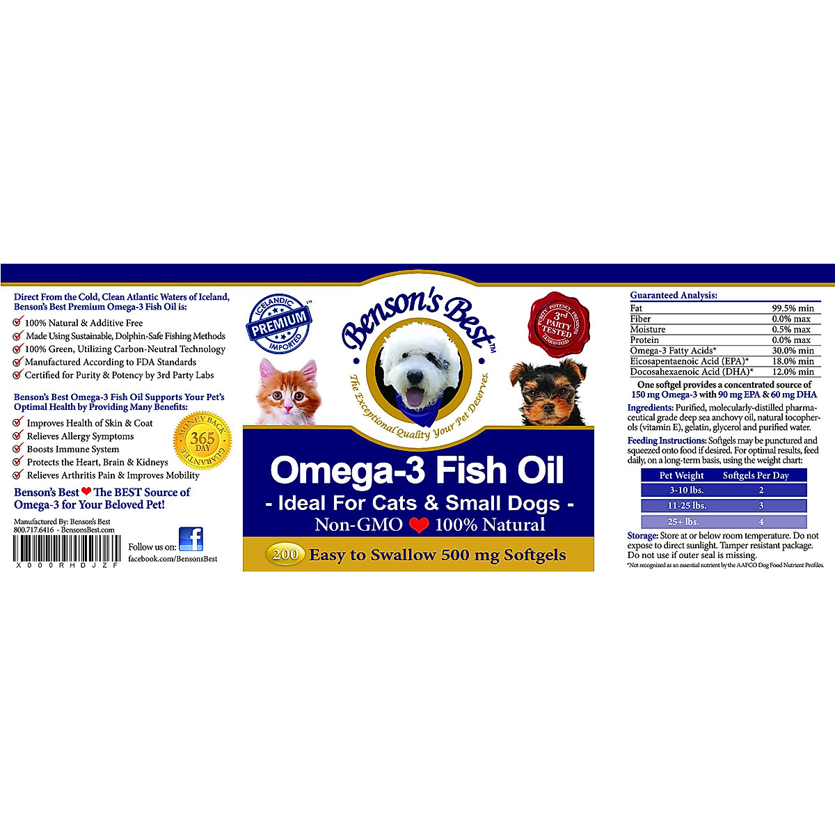 Benson's Best Omega 3 Fish Oil for Cats & Small Dogs - 200 Softgels 500mg - 43% More Omega 3 Fatty Acids Than Salmon Oil - 100% Pure, Non-GMO, Natural Pet Food Dog Fish Oil Supplements