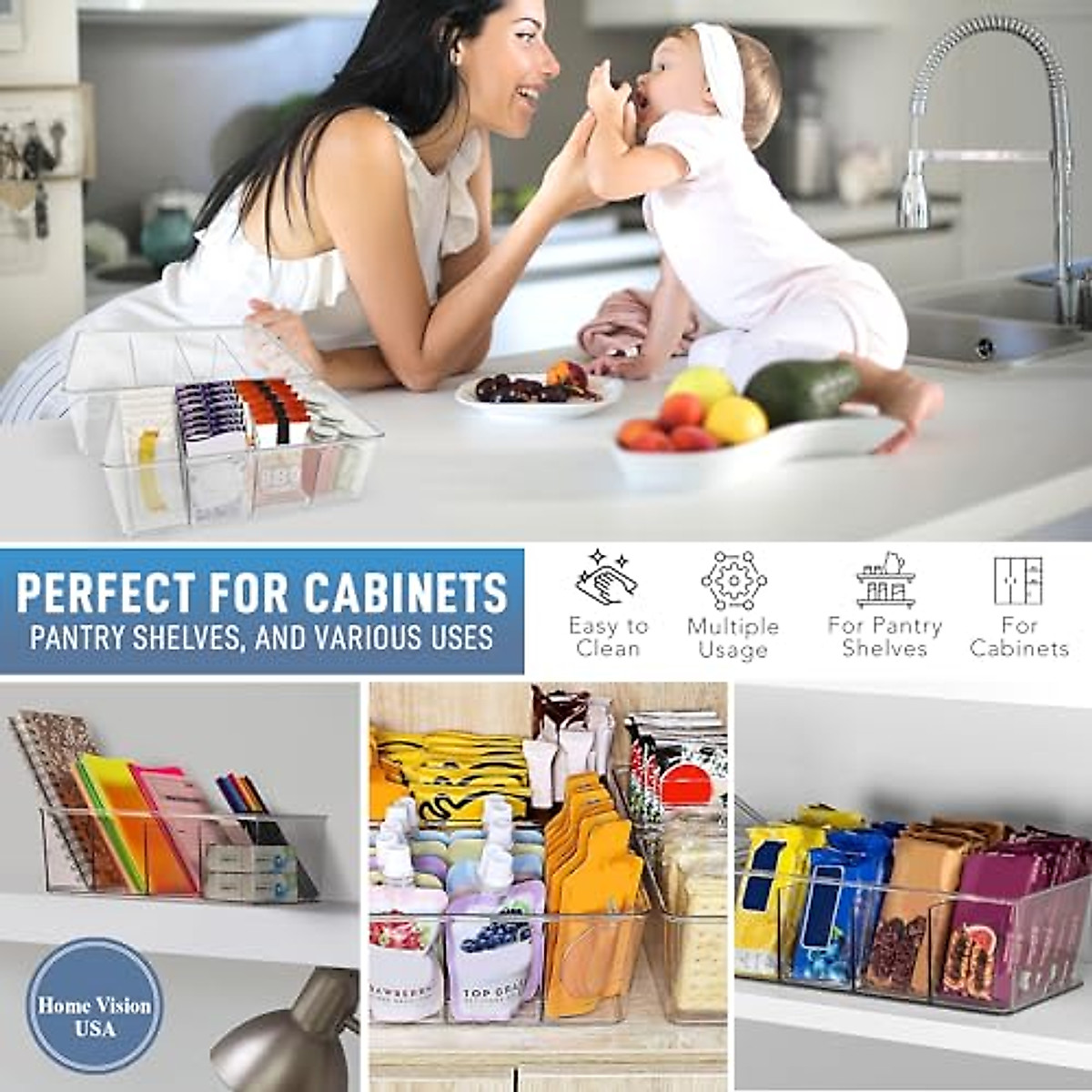 4 Pack Pantry Organizers and Storage Bins with Removable Dividers - Stackable Clear Storage Bins Plastic - Multipurpose Refrigerator Organizers and Storage for Kitchen & Storage Cabinets