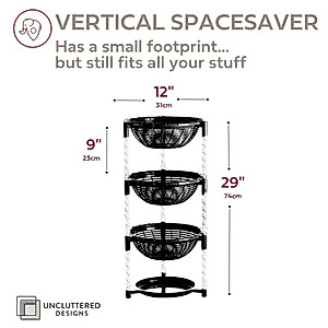 Uncluttered Designs Stacking Basket Bins (3 Tier + Plate) — Display for Fruit, Potato, Onion & Produce — Crafts, Art Supplies & Housewares Organizer — Bedroom & Bathroom Organization & Storage (Black)