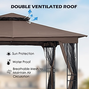 HAPPATIO 10' X 12' Patio Gazebo with Ventilation Double Roof, Outdoor Gazebo with Mosquito Netting for Lawn, Garden (Dark Brown)