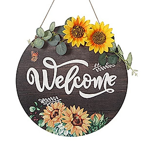 Sunflower Welcome Sign Sunflower Door Sign 12 x 12 Inches Sunflower Front Door Decor Rustic Farmhouse Porch Decoration Round Wooden Hanging Sign for Home, Restaurant, Shop (sunflower1)