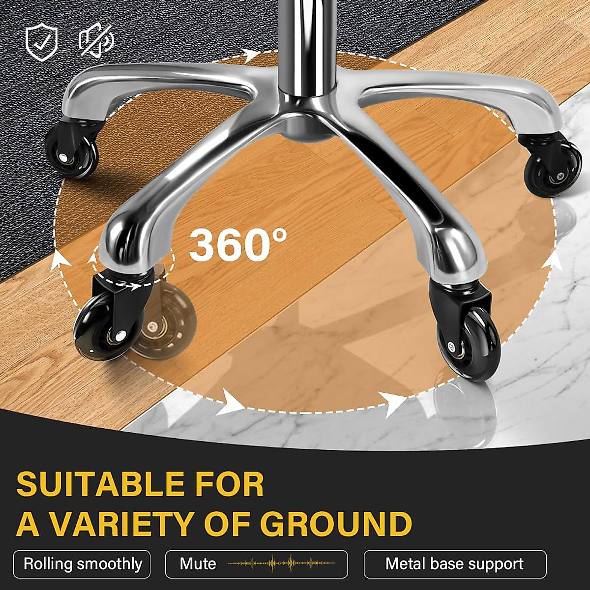 WKWKER Modern Heavy Duty Rolling Stoool Square Thick Leather Seat 360 Swivel Stool with Wheels Height Adjustable Stool Chair for Home Kitchen Drafting Lab Office Salon Massage（White）