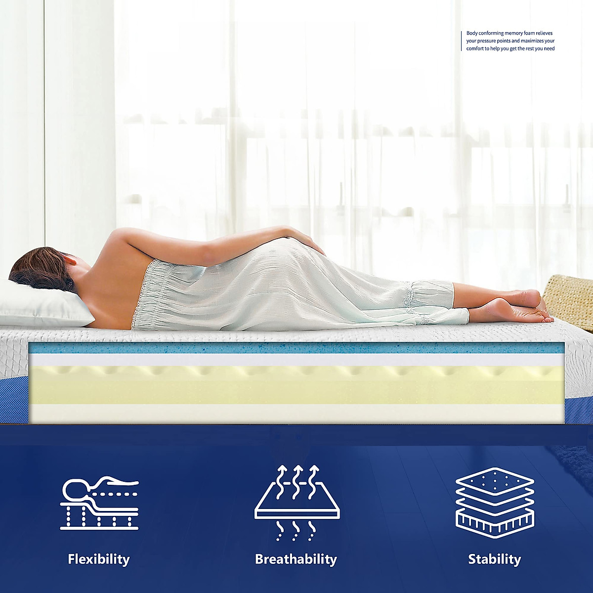 Olee Sleep 10 Inch Gel Infused Layer Top Memory Foam Mattress, Cal King, Blue