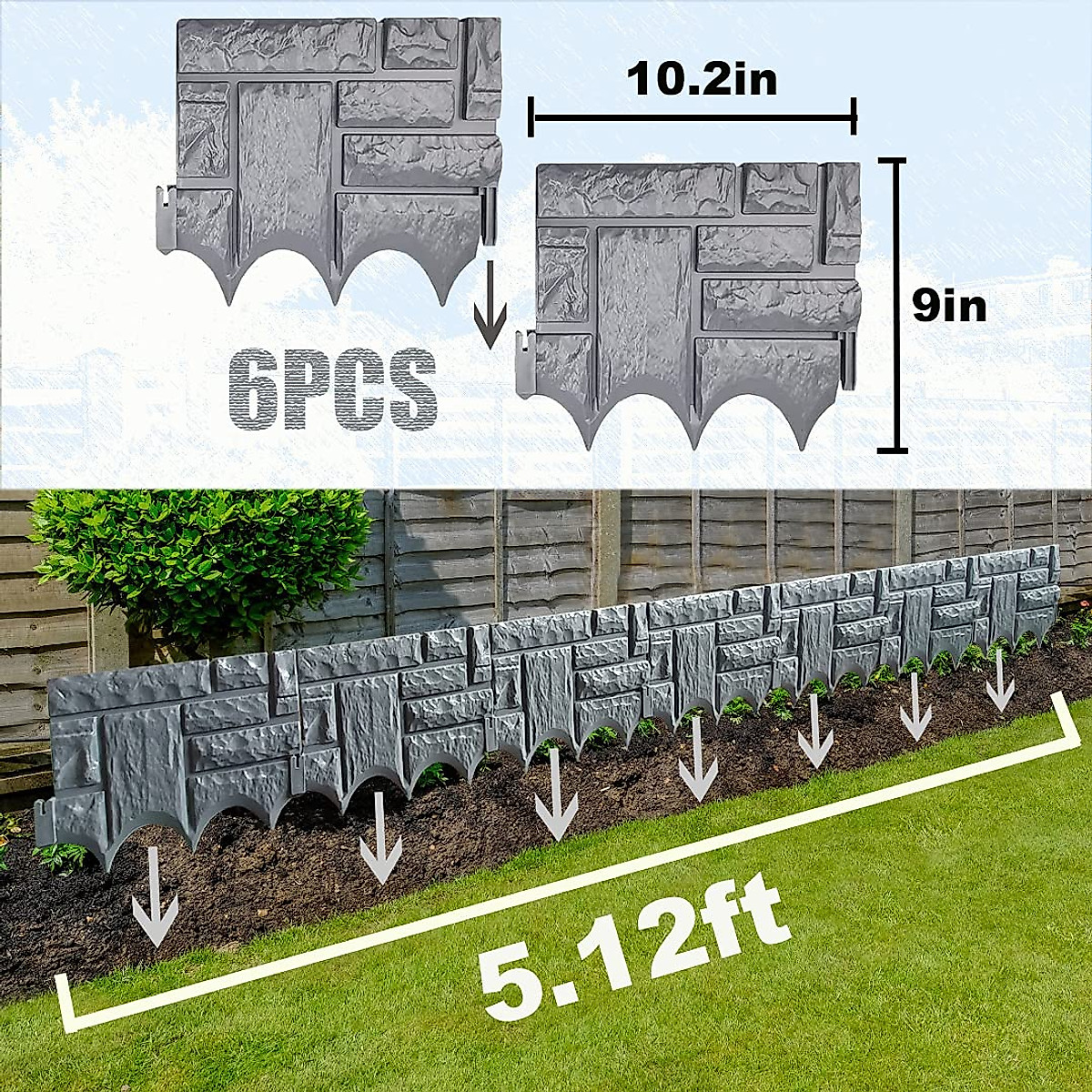 ELLASSAY Kaerott 6 Pack Garden Edging Set Plastic Fence Plant Border Imitation Stone Brick for DIY Decorative Patios Lawn Paths Landscape Walkways Flower Beds Border 10.2*9 inch Gray