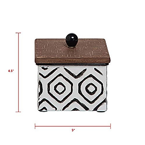 Foreside Home and Garden White Enamel Geometric Pattern Wood and Metal Jewelry Trinket Storage Box, 5x5x4.5, Canister
