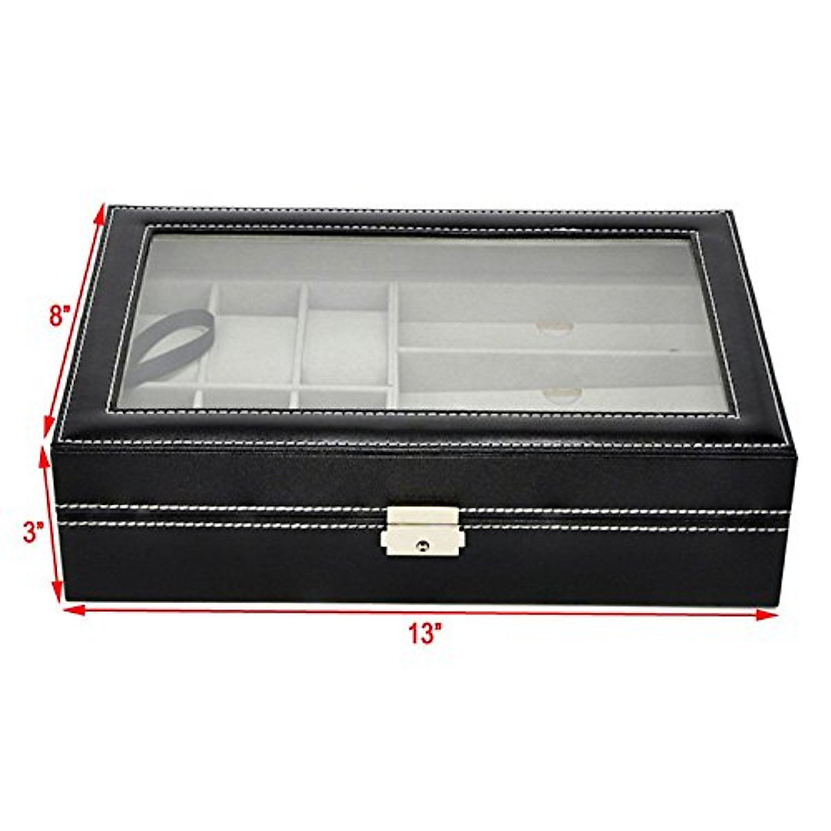 AUTOARK Leather 6 Watch and 3 Eyeglasses&Sunglasses Box with Jewelry Display Case Organizer,Mens Women Storage Holder Boxes,Glass Top,Black,AW-004