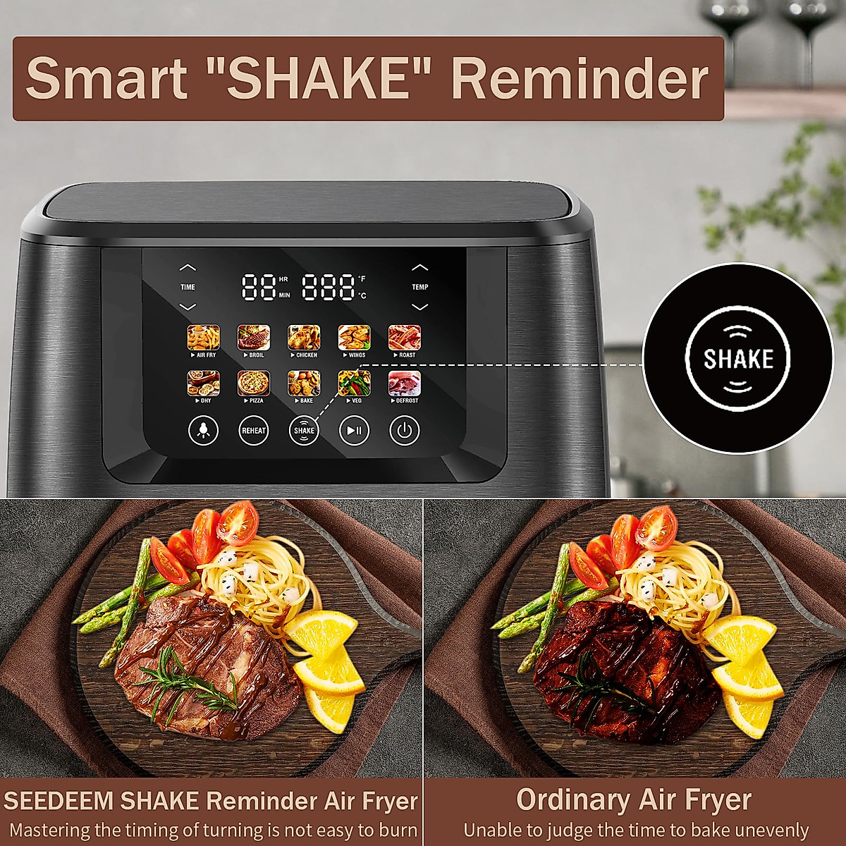 SEEDEEM Max XL Air Fryer, 8 Quart, 10-in-1 Hot Air Fryer Oven with Color LCD Display Touchscreen, Air Fryer Toaster Oven Combo with ClearCook Cooking Window,Broil, Roast, Dehydrate, Bake, Black