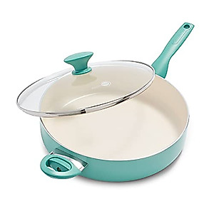 GreenPan Rio Healthy Ceramic Nonstick 5QT Saute Pan Jumbo Cooker with Helper Handle and Lid, PFAS-Free, Dishwasher Safe, Turquoise
