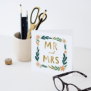 Old English Co. Floral Wreath Mr and Mrs Card - Pastel Gold Foil Wedding Card For Bride and Groom | Engagement For Happy Couple on Big Day | Blank Inside & Envelope Included (Mr and Mrs)