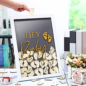 Unittype 71 Pcs Large Size Baby Shower Guest Book Alternative Baby Shower Sign in Guestbook Photo Frame with 70pcs Wood Chips Signature Keepsake for Baby Shower Favor Birthday Party(Grey, Footprint)