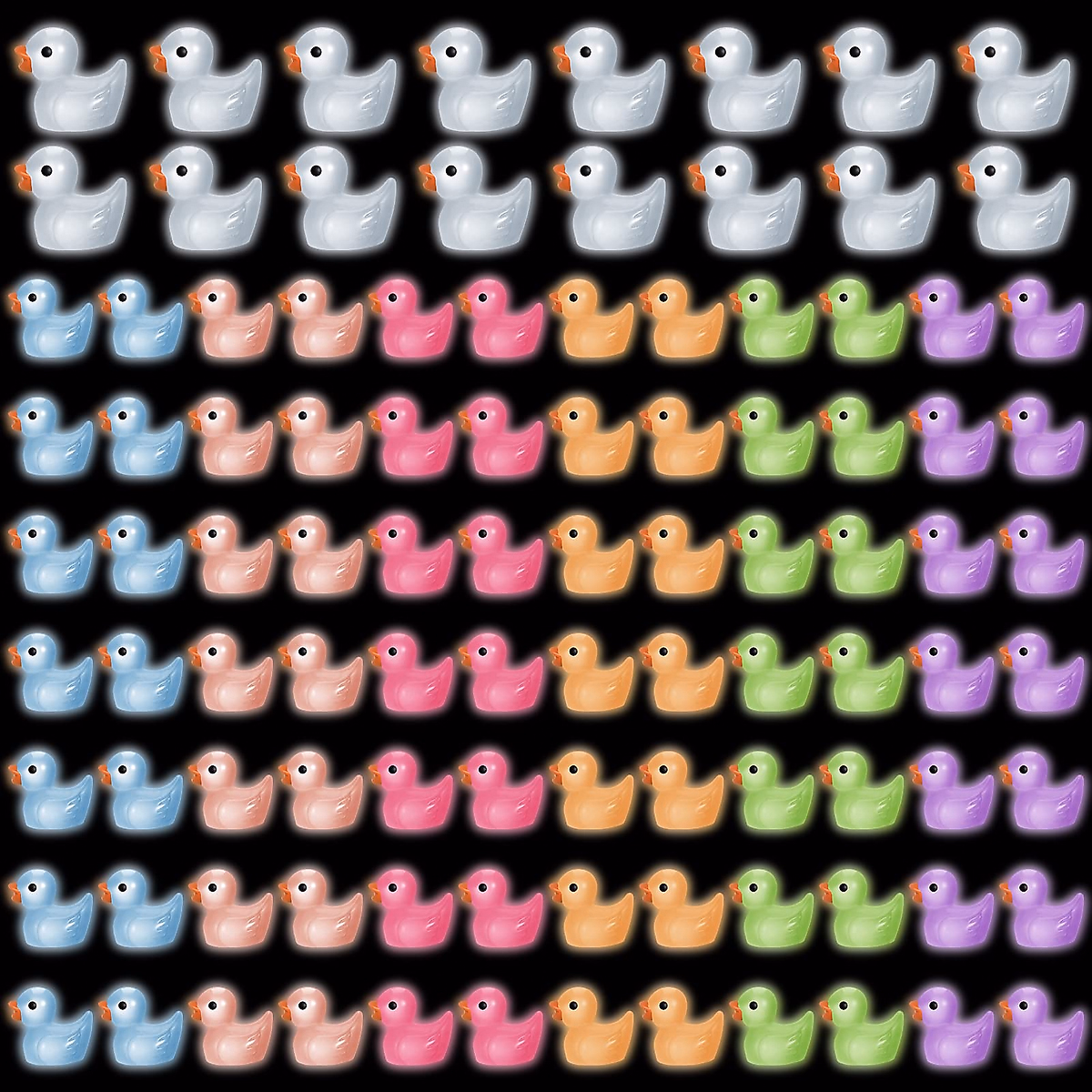 FRIUSATE 100 PCS Tiny Ducks Miniature Resin Duck Glow in The Dark Ducks Mini Figures Micro Landscape Aquarium Dollhouse Ornament Potted Plants DIY Decoration for Prank Party Favor, Ducks Luminous