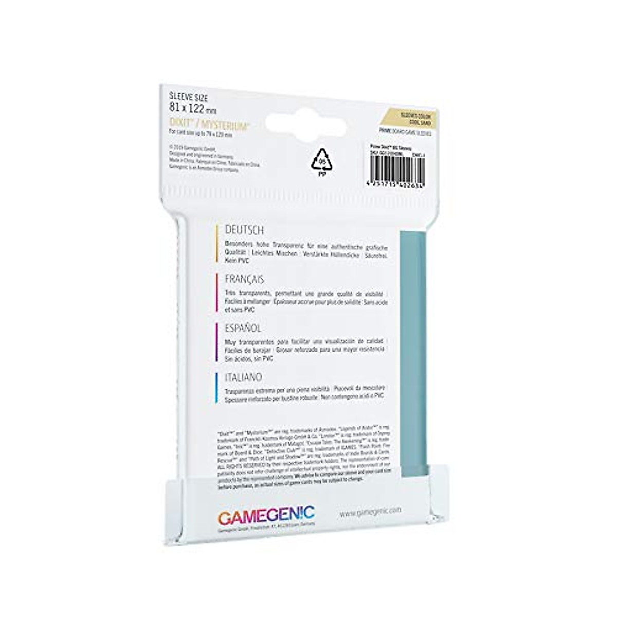 Prime Board Game Sleeves | Pack of 90 Extra-Clear Sleeves | 81 by 122 mm Card Sleeves Optimized for Use with Dixit and Mysterium | Premium Card Protection | FFG Sand Color Code | Made by Gamegenic