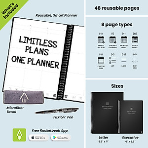 Rocketbook Smart Reusable Everyday Planner. Week, Month, Annual, To-Do List, Goal Templates. Journal and Notebook Pages. Undated Organizer, 8.5" x 11" Letter Size with Pen and Cloth, Grey