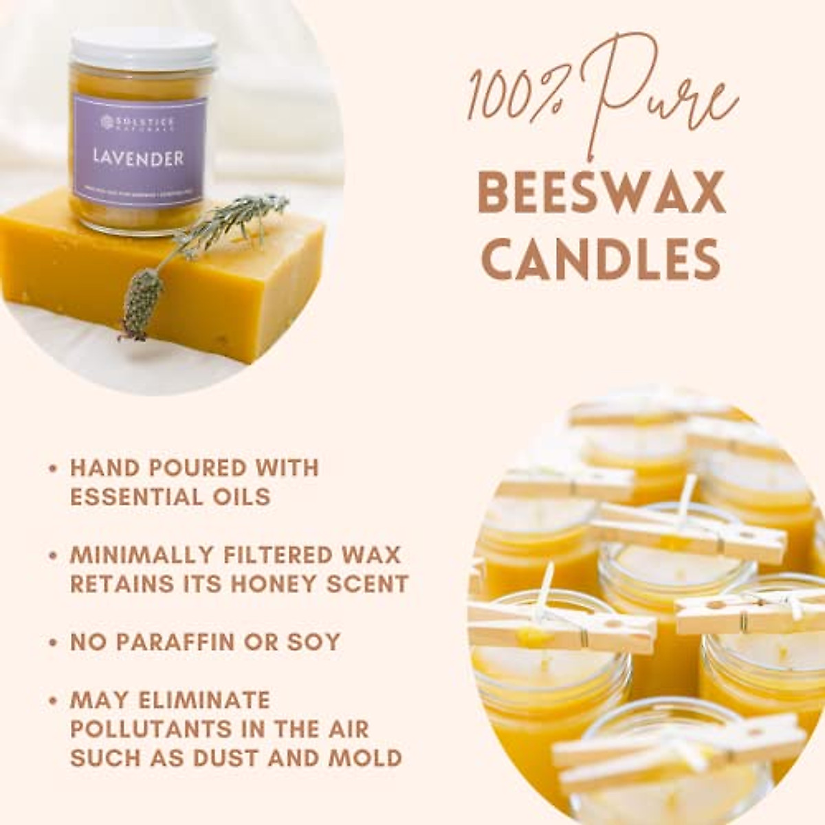 Solstice Naturals - Lavender 100% Pure Beeswax + Essential Oil Aromatherapy Candle, 9 oz. - Sustainably Handmade in the USA - No Soy or Paraffin Wax - No Toxic Scents, Fragrances or Fillers