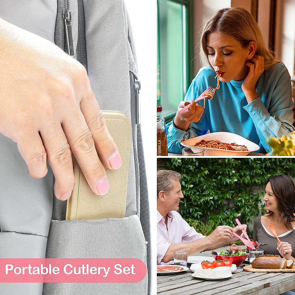 Reusable Travel Utensils Set with Case, 2 Sets Wheat Straw Portable Plastic Fork Spoons Knife Camping Cutlery, Eco-Friendly BPA Free Lunch Tableware for Kids Adults Travel Picnic Utensils