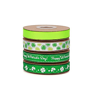 Meseey 20 Yards Shamrocks Grosgrain Ribbons 3/8 Inch Irish Day St. Patrick's Day Themed Clover Polyester Ribbon for Gift Wrapping Party Decoration Craft and Sewing
