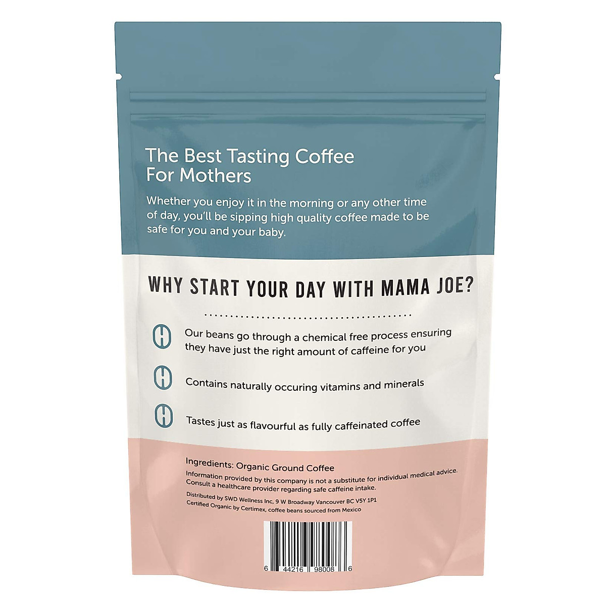 Mama Joe Organic Half Caff Coffee [Ground] - Low Acid, Low Caffeine Coffee for Pregnancy - Naturally Decaffeinated Using Mountain Water
