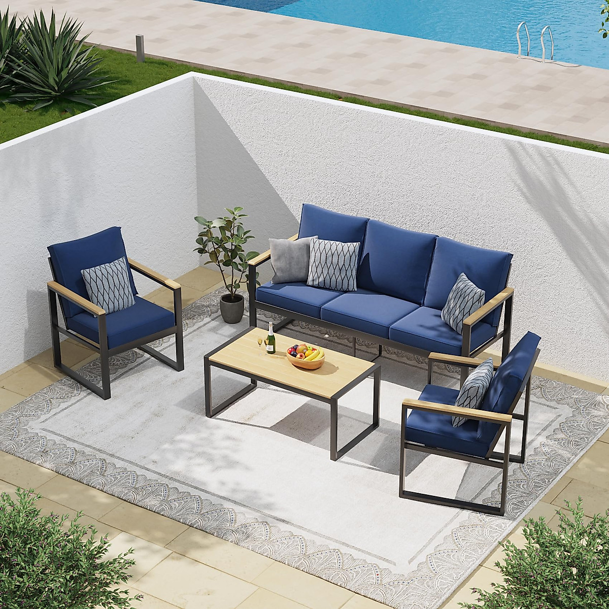 Temminkii Outdoor 4 Pieces Furniture Sets Modern Aluminum Patio Conversation Sets Sectional Sofa w Blue Cushion Faux Wood Grain Frame Coffee Table for Garden Courtyard Poolside