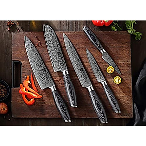 XINZUO 7PC Damascus steel Knife Block Sets, Professional High Carbon Steel Chef Knife Santoku Slicing Utility Fruit Knife with Multifunctional Kitchen Shears,Ergonomic Pakkawood Handle - Ya Series