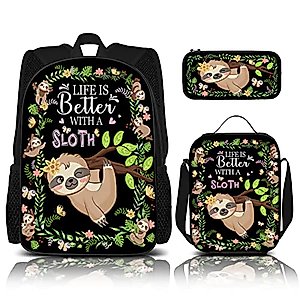 SENROLAN Sloth Backpack Set Sloth Backpacks+Lunch Bag With Holder+Pencil Case 3 Pieces Branch School Book Bag Travel Hiking For Girls Boys Men Women …
