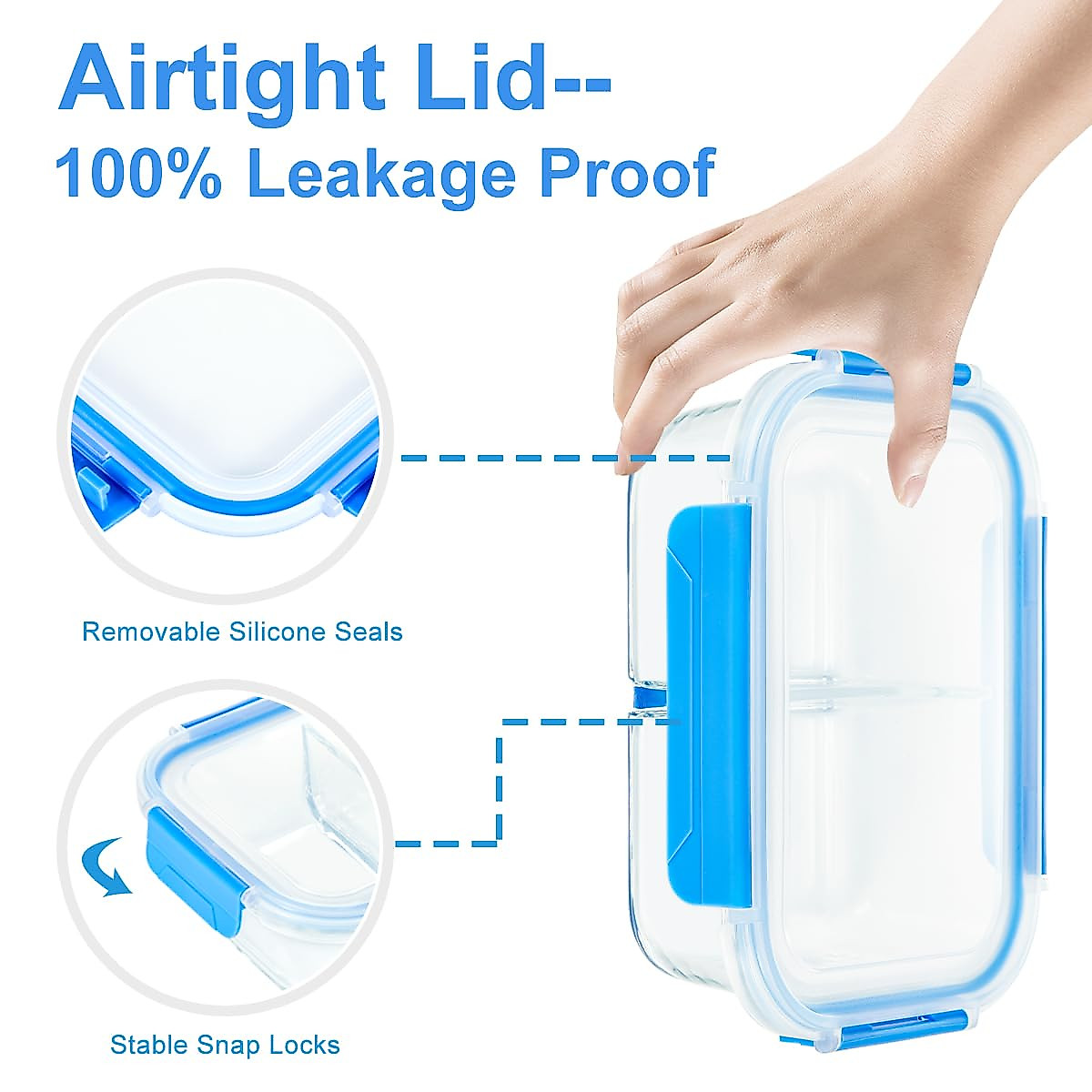 DASAAN 10 Piece Glass Food Storage Containers with 2 compartment and Airtight Lid, Glass Meal Prep Containers, Easy Stack Containers, Freezer to Oven, Microwave and Dishwasher safe