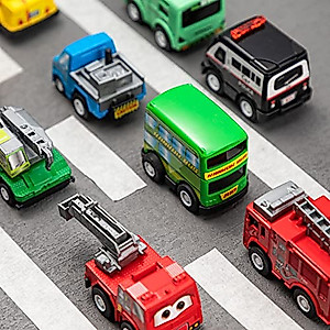 JOYIN 18 Piece Pull Back City Cars and Trucks Toy Vehicles Set Model Car, Friction Powered Die-Cast Cars for Toddlers, Boys, and Girls’ Educational Play, Easter Basket Stuffers Egg Fillers