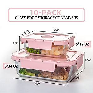 HAKEEMI Glass Meal Prep Containers 10 Pack, Glass Food Storage Containers with Snap Locking Lids Airtight Built in Air Vents, Glass Containers for Lunch, Microwave/Dishwasher Safe, Pink