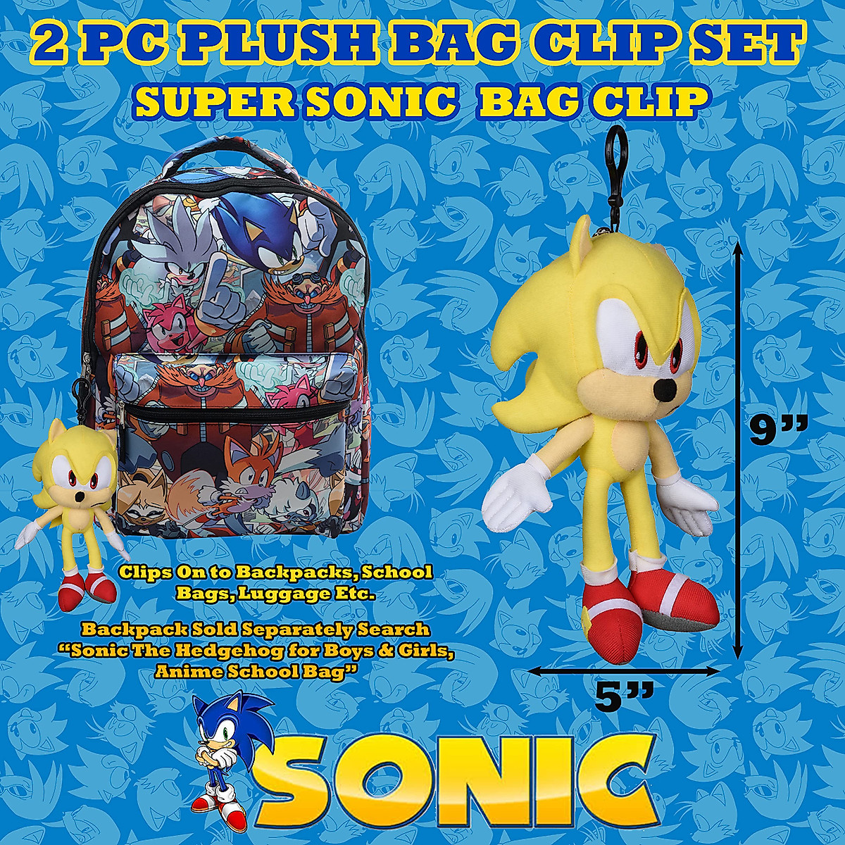 AI ACCESSORY INNOVATIONS Sonic The Hedgehog Sonic & Super Sonic Plush 8" Bag Clip Set, Toys for Kids, Toddler, & Preschoolers, 2 Pc