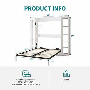 BALUS 97" W Murphy Bed with 2 Storage Cabinets, Queen Size Murphy Cube Cabinet Bed, Solid Wood Fold up Horizontal Murphy Wall Bed, Folding Bed Frame for Guest Room Bedroom Apartment - White