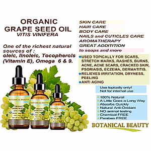 Botanical Beauty Organic GRAPE SEED OIL 100% Pure Natural VIRGIN UNREFINED Cold-Pressed Carrier Oil 1 Fl oz 30 ml for Face, Skin, Body, Hair, Lip, Nails, Massage. Rich in Vitamin E