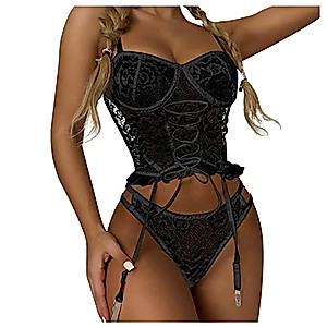 Black Lingerie for Women, Red Outfits Women Erotic Lingerie Lengerie Bodysuit Women's Sexy Solid Color Lace Hollow See-Through Underwear Two-Piece Suit Nightgown 2 Peice Outfit (3XL, Black)