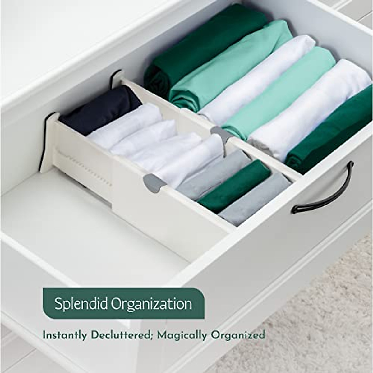 Adjustable Drawer Dividers, [4 Pack] Adjusting Length from 11 Inch - 17 Inch. Tall Drawer Organizers for Clothes, Locks in Place, Use for Bedrooms, Bathroom, Kitchen & Office Organization and Storage.