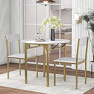 P PURLOVE 3 Piece Round Kitchen Table Set Wood Dining Table Set with Drop Leaf Table and 2 Chairs for Small Places, Apartment(Golden Frame+Faux White Granite Finish)
