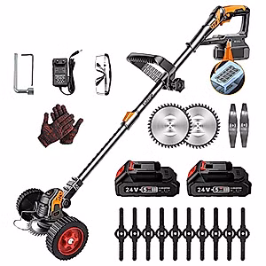 JIECO Cordless String Trimmer, Weed Wacke 24V Grass Trimmer with 2 PCS 2.0Ah Batteries and 3Types Blades, Wheel Weed Eater for Lawn, Yard，Garden and Bush Trimming ,Black, Red