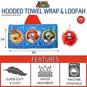 Franco Super Mario Kids Bath/Pool/Beach Soft Cotton Terry Hooded Towel Wrap and loofah Set, 24 in x 50 in (Official Nickelodeon Product)