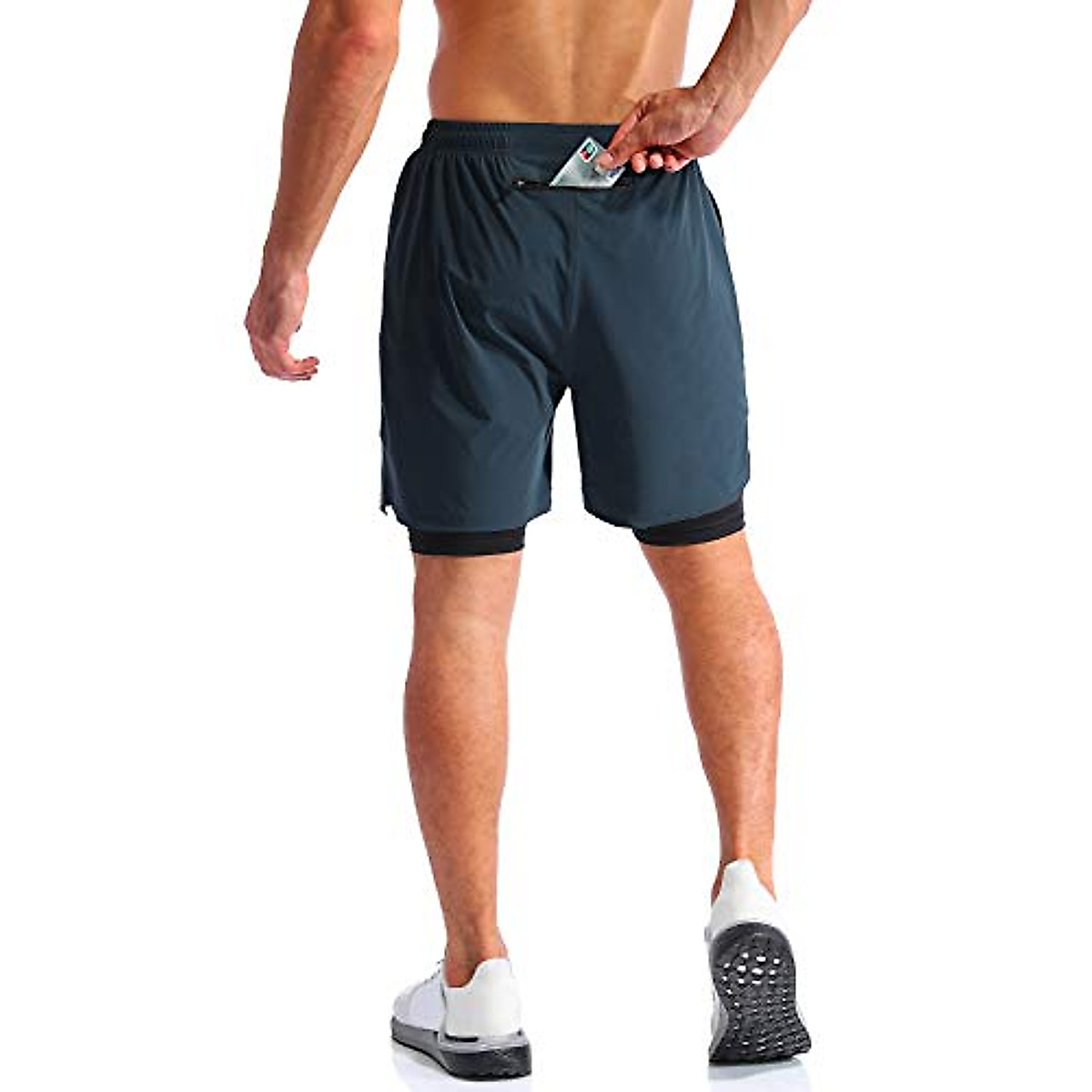 Pudolla Men’s 2 in 1 Running Shorts 7" Quick Dry Gym Athletic Workout Shorts for Men with Phone Pockets(Navy Blue Large)