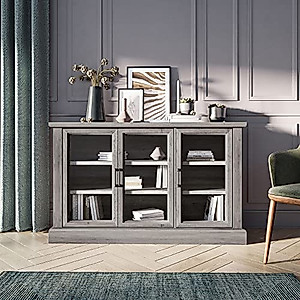 BELLEZE Sideboard Buffet Cabinet, 55” Entertainment Center Modern Wood Glass-Buffet-Sideboard with Storage Cabinet Console Table Adjustable Shelves for Dinning Room Living Room Hallway, Gray Wash