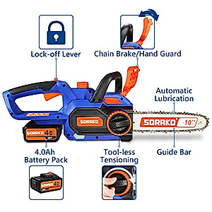 SORAKO 20V 10-Inch Cordless Chainsaw, Electric Chainsaw, Auto-Tension & Lubrication, Battery Powered Chain Saw for Trees Trimming& Wood Cutting, 4.0Ah Battery and Charger Included