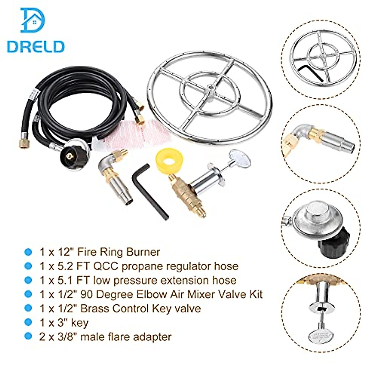 12" Fire Pit Ring Burner Kit, LP Propane Gas Fire Pit Stainless Steel Burner Ring Installation Kit, for Fire Pit Indoor Outdoor Camping Fireplaces with 1/2 Key Valve Air Mixer Valve Regulator Hose