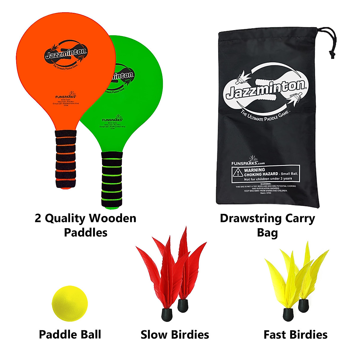 Funsparks Jazzminton Paddle Ball Game with Carry Bag - Indoor Outdoor Toy - Play at The Beach, Lawn or Backyard - 2 Wooden Racquets - 4 Shuttlecocks - 1 Ball